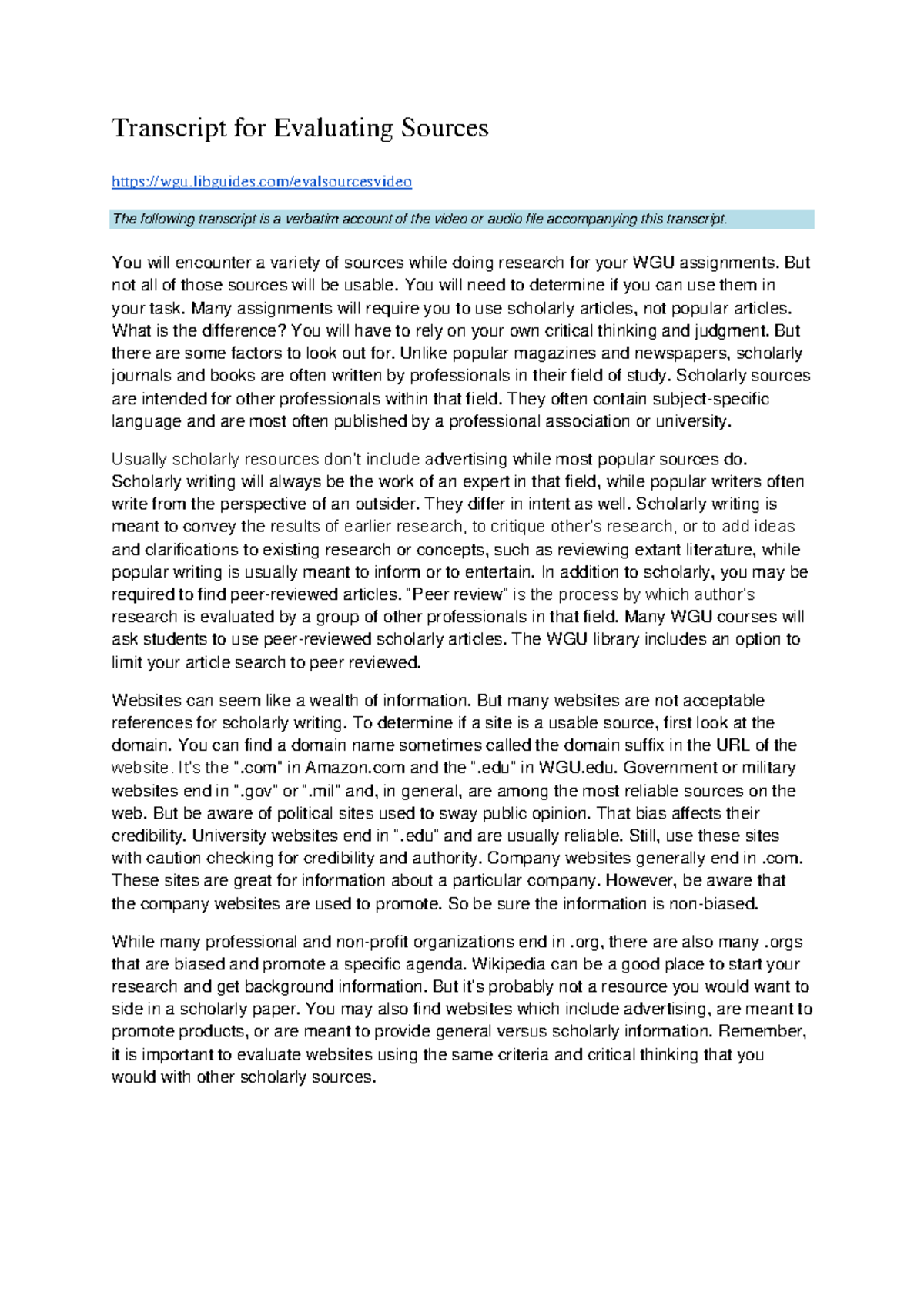 WGU Resource Evaluation Transcript: Identifying Credible Sources - Studocu