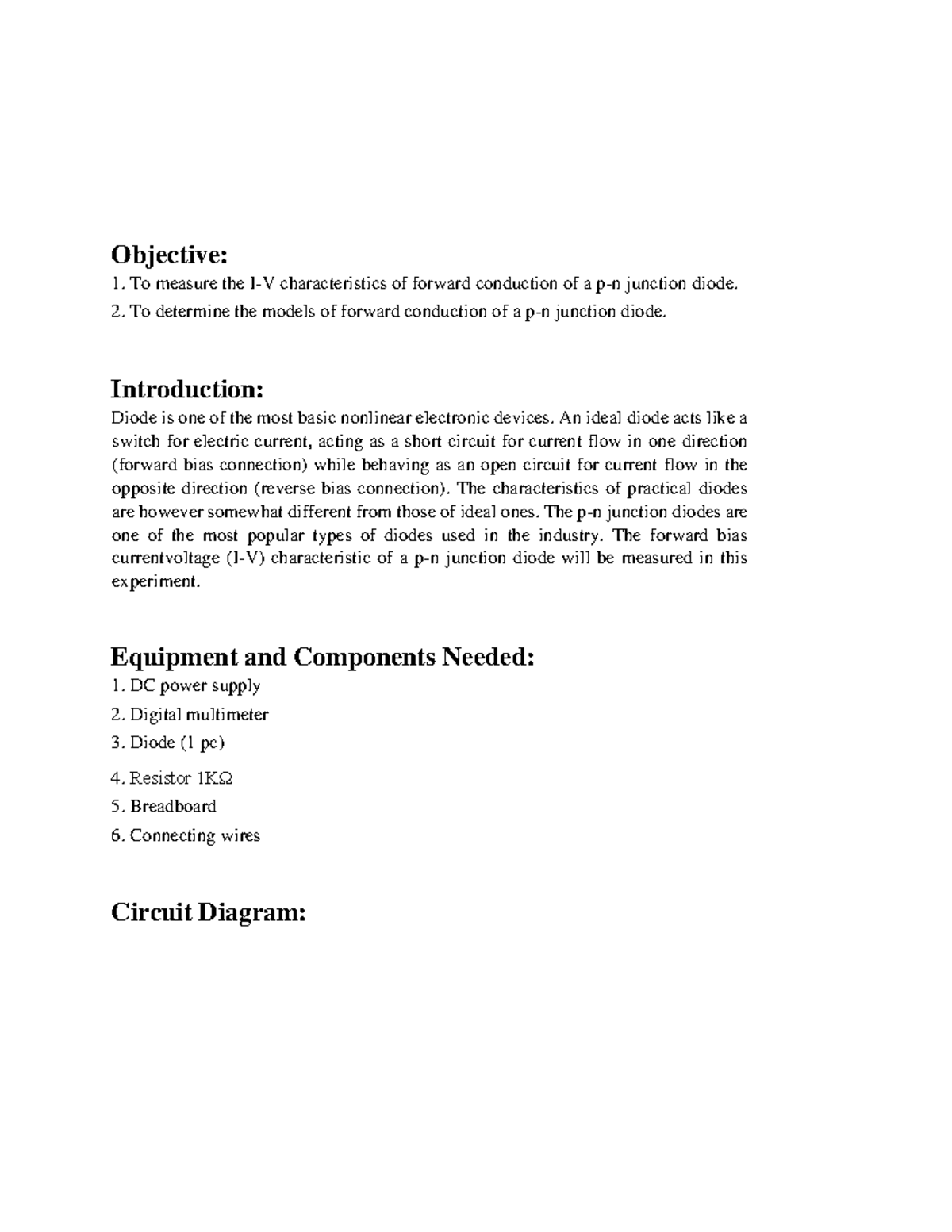Cse251 Post Lab 01 Experiment Name I V Characteristics And Modeling Of Forward Conduction Of 6380