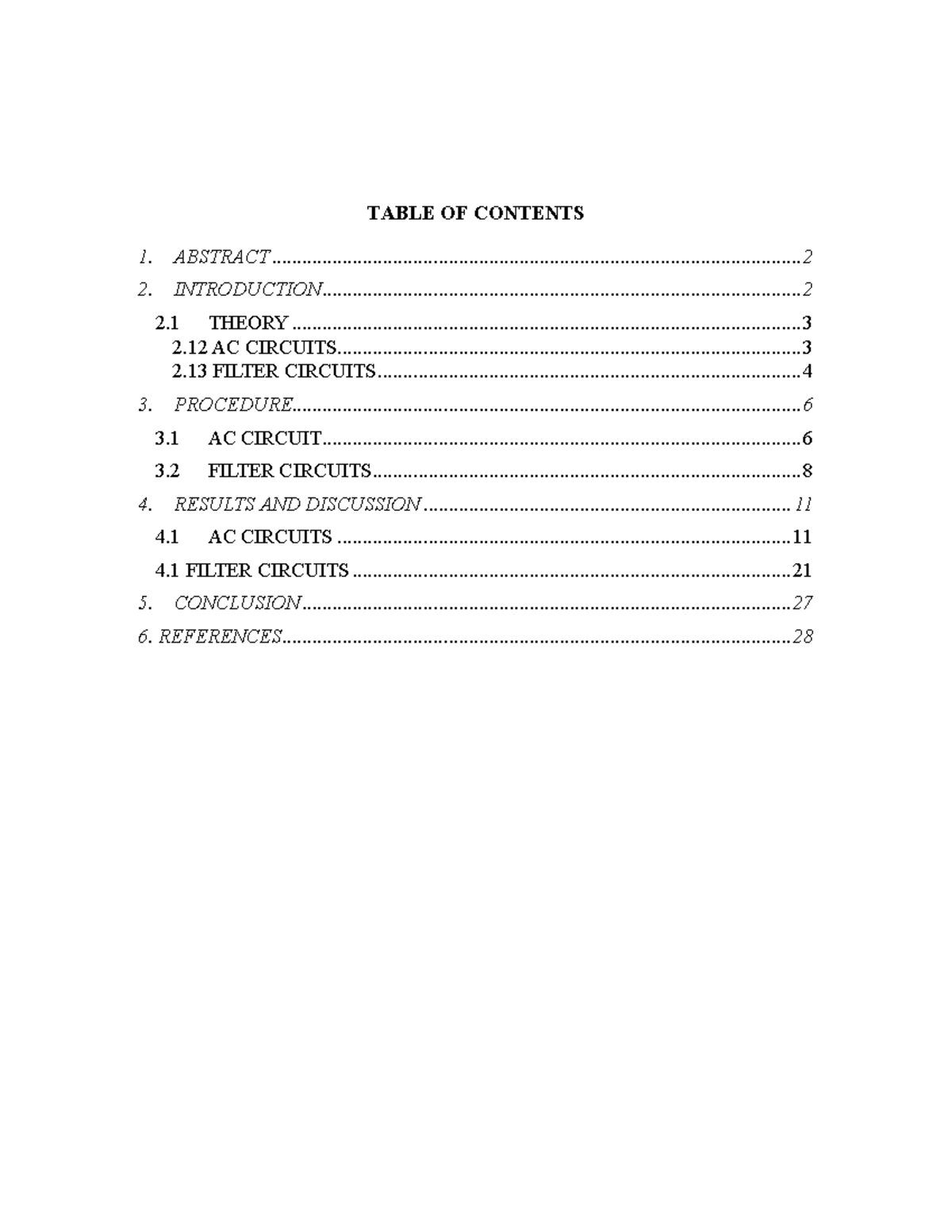 Lab table of contents - TABLE OF CONTENTS ABSTRACT INTRODUCTION 2 ...