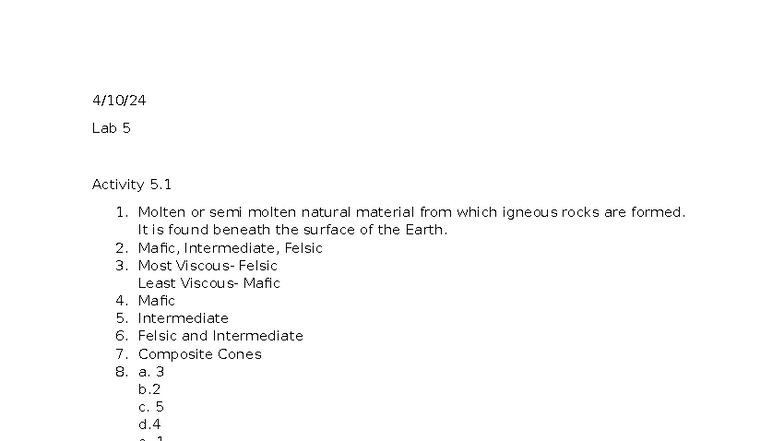 Lab 5 - Igneous Rocks and Volcanoes Activity Notes - Studocu