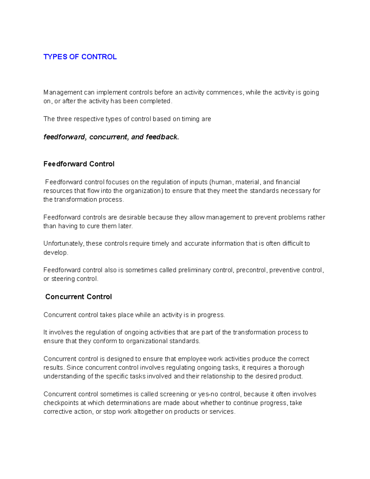 Types of Control: Feedforward, Concurrent, and Feedback Explained - Studocu