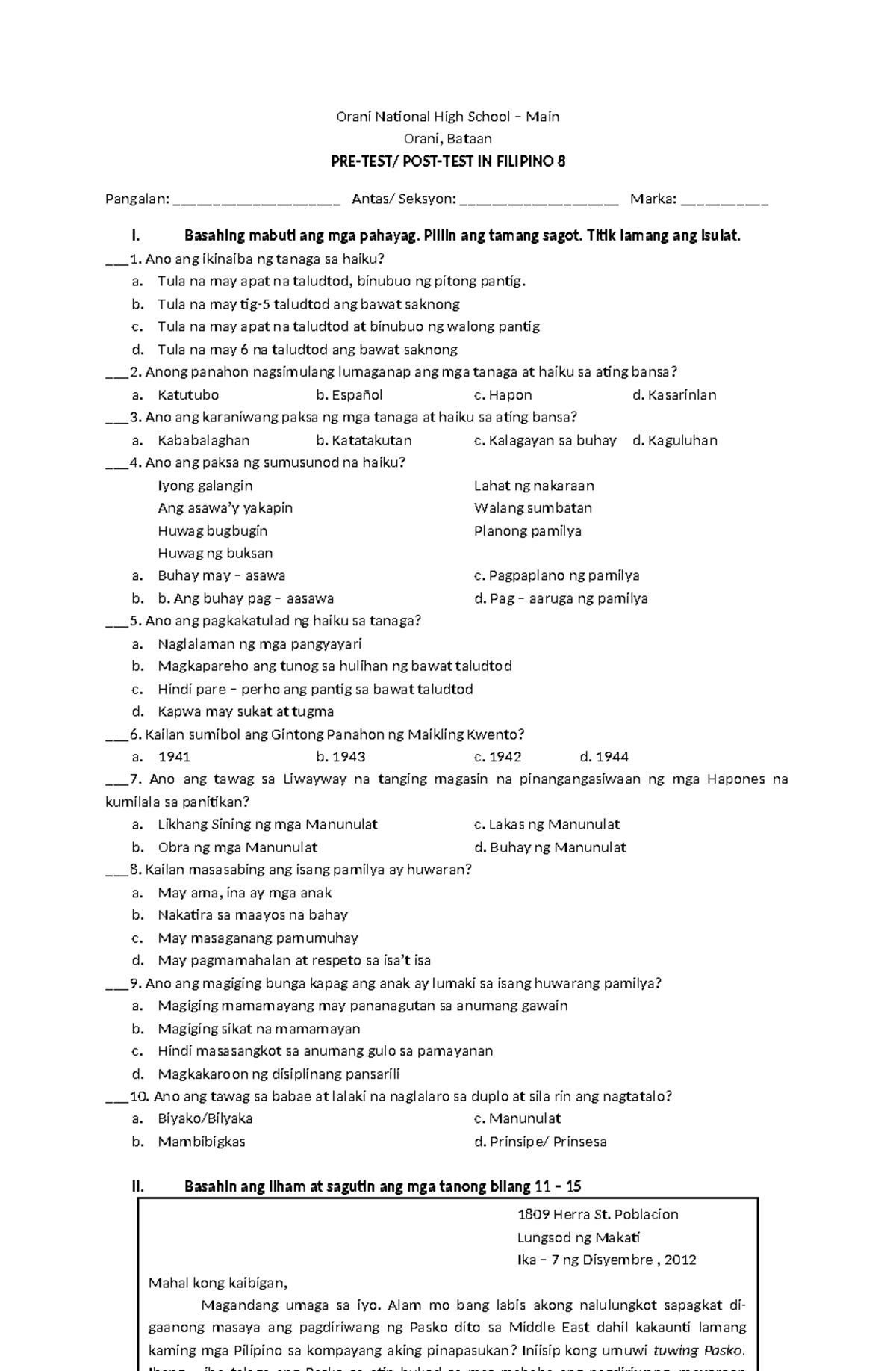 PRE-TEST AT POST-TEST SA FILIPINO 8: ASSESSMENT QUESTIONS - Studocu