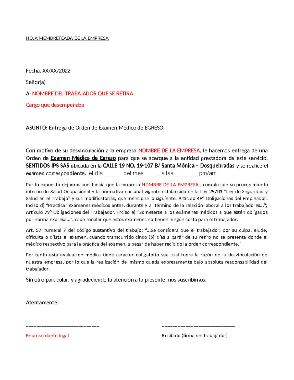 Carta DE Egreso Modelo - documento importante - HOJA MEMBRETEADA DE LA ...