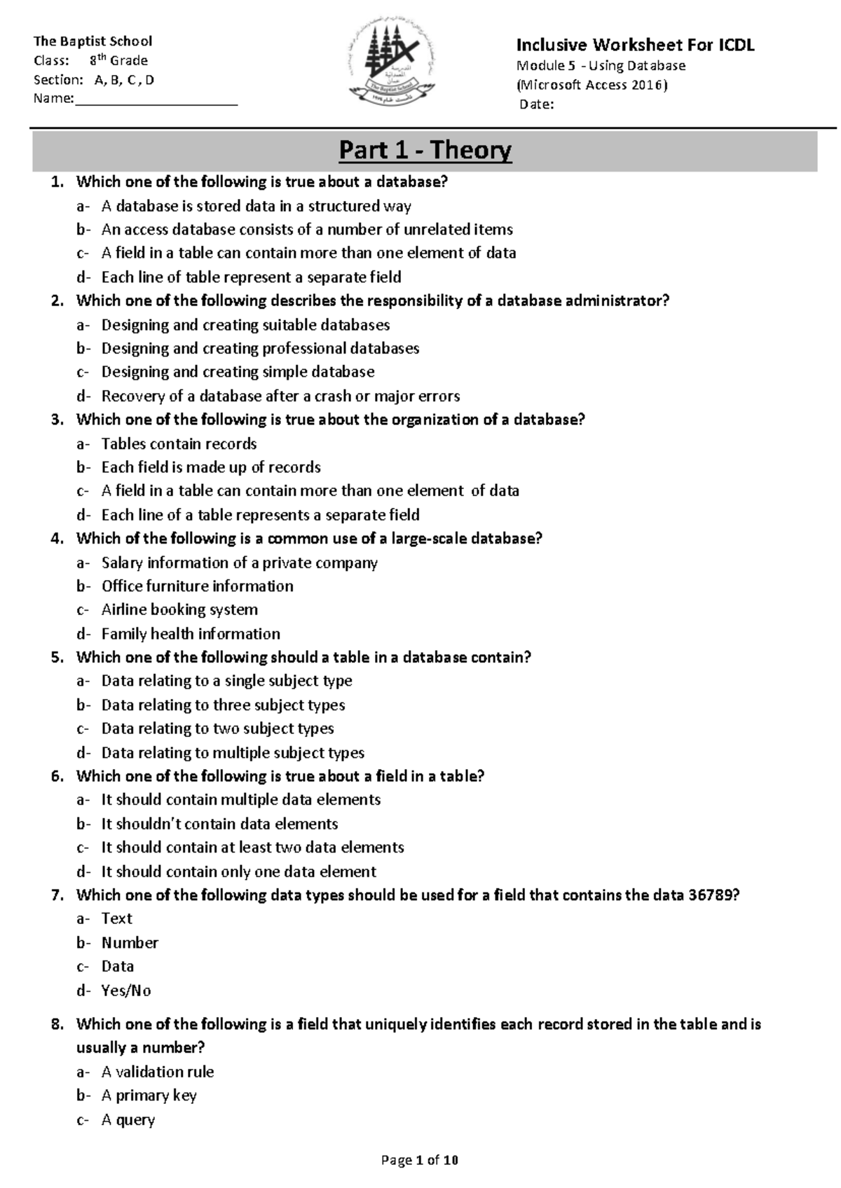 ICDL Module 5: Inclusive Worksheet for 8th Grade Database (MS Access ...