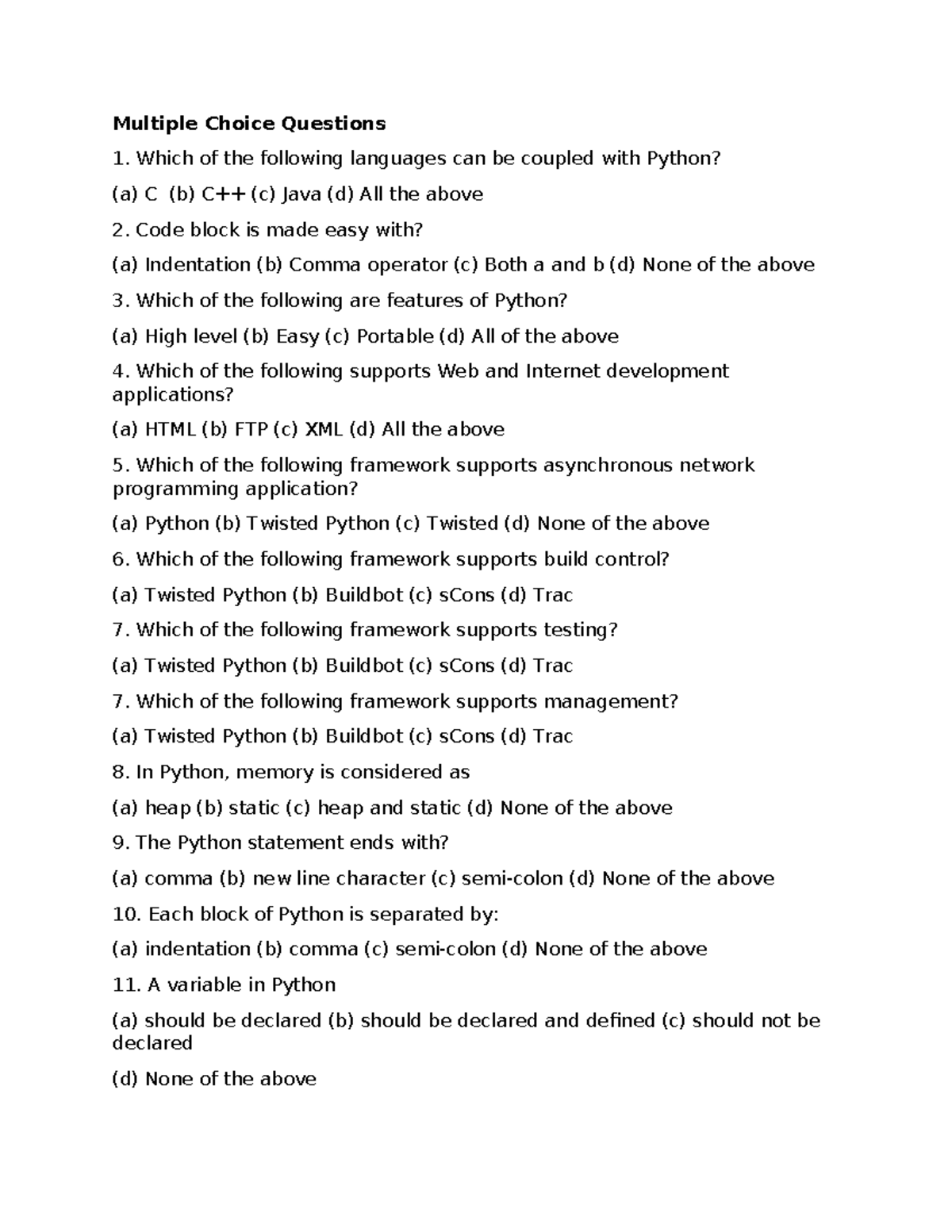 Python Quiz: Multiple Choice Questions on Python Basics - Studocu