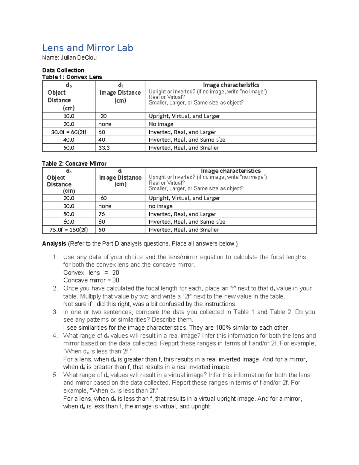 506-lens-and-mirror-lab - Lens and Mirror Lab Name: Julian DeClou Data ...