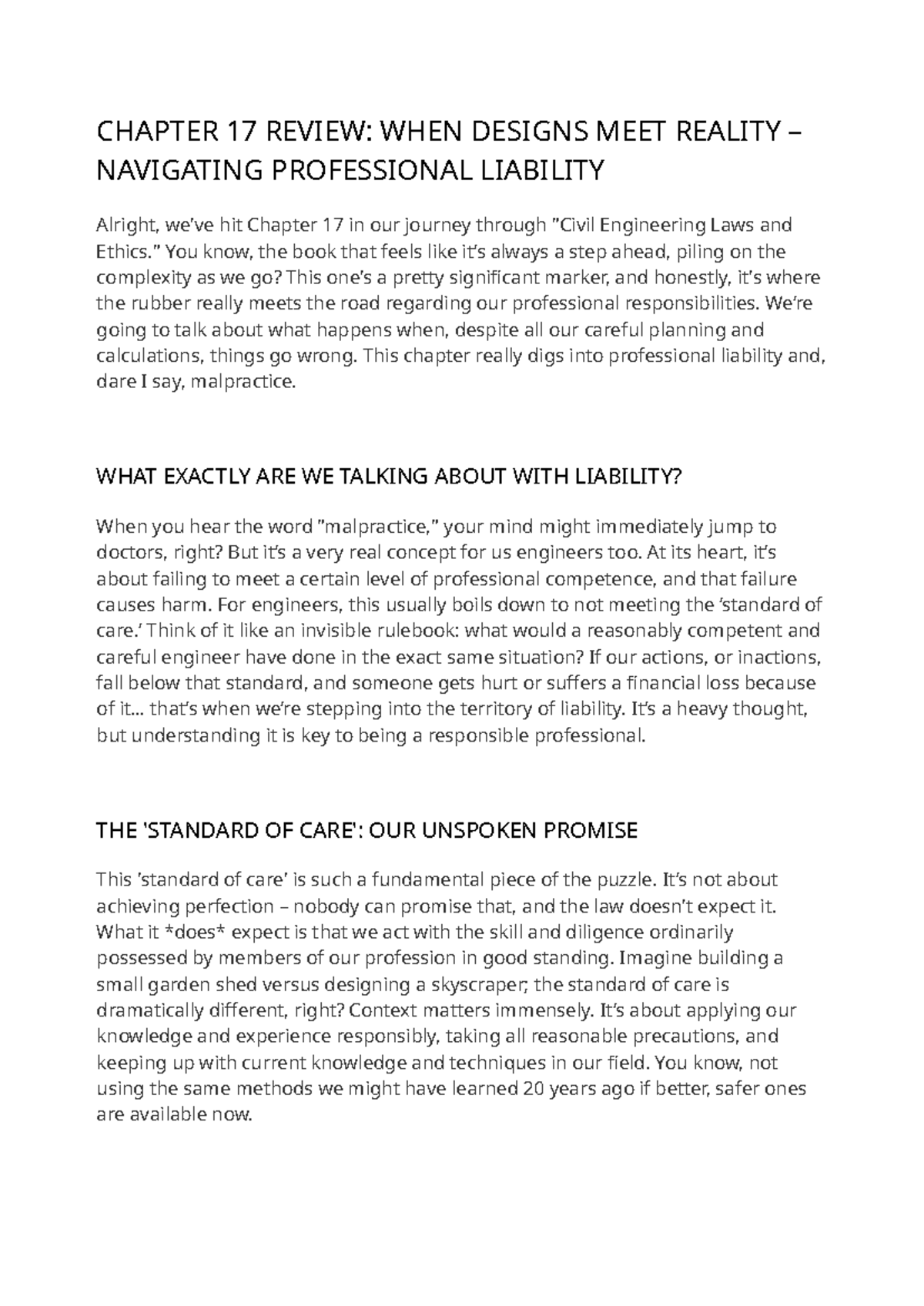 CHAPTER 17 REVIEW: NAVIGATING PROFESSIONAL LIABILITY IN ENGINEERING - Studocu