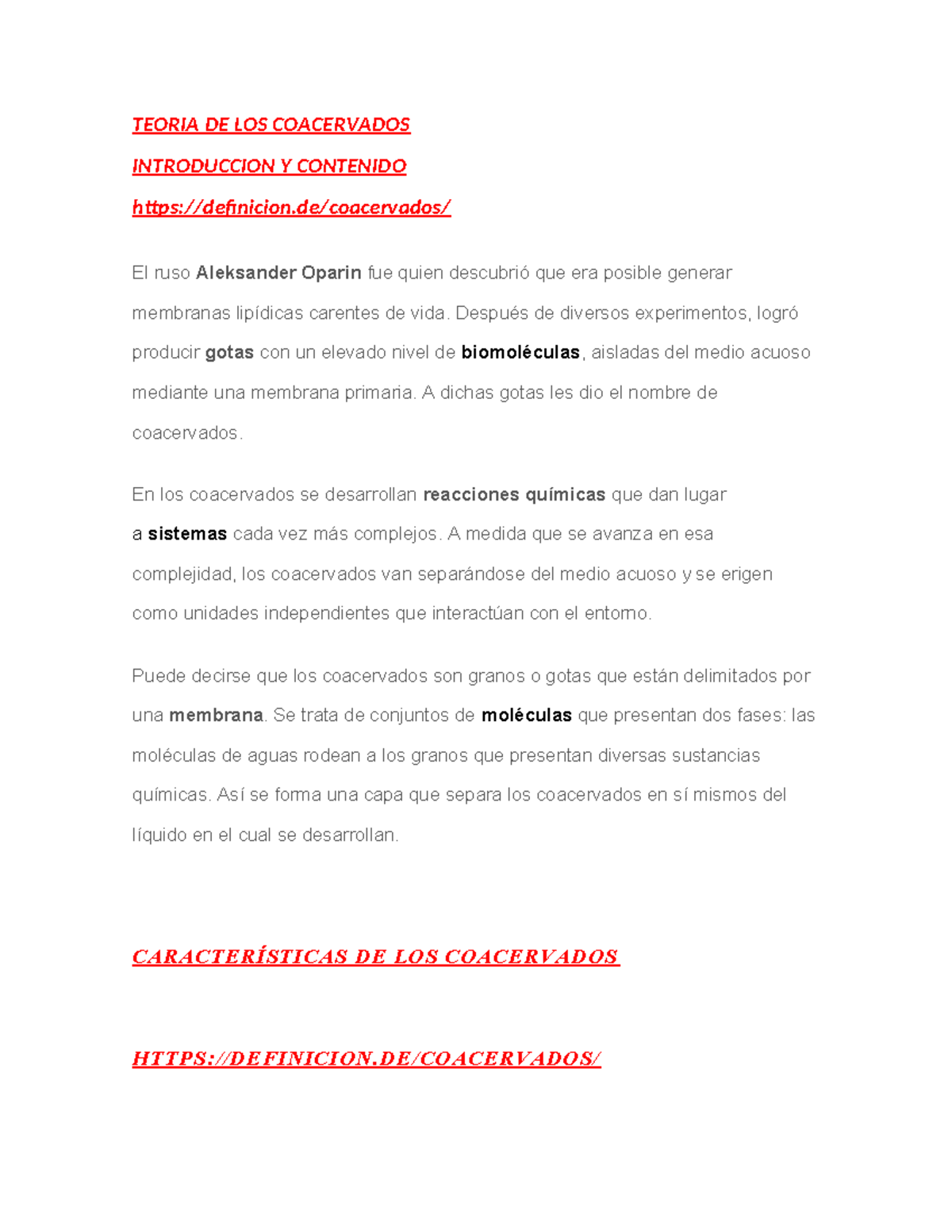 Teoría de los Coacervados: Definición y Características Clave - Studocu