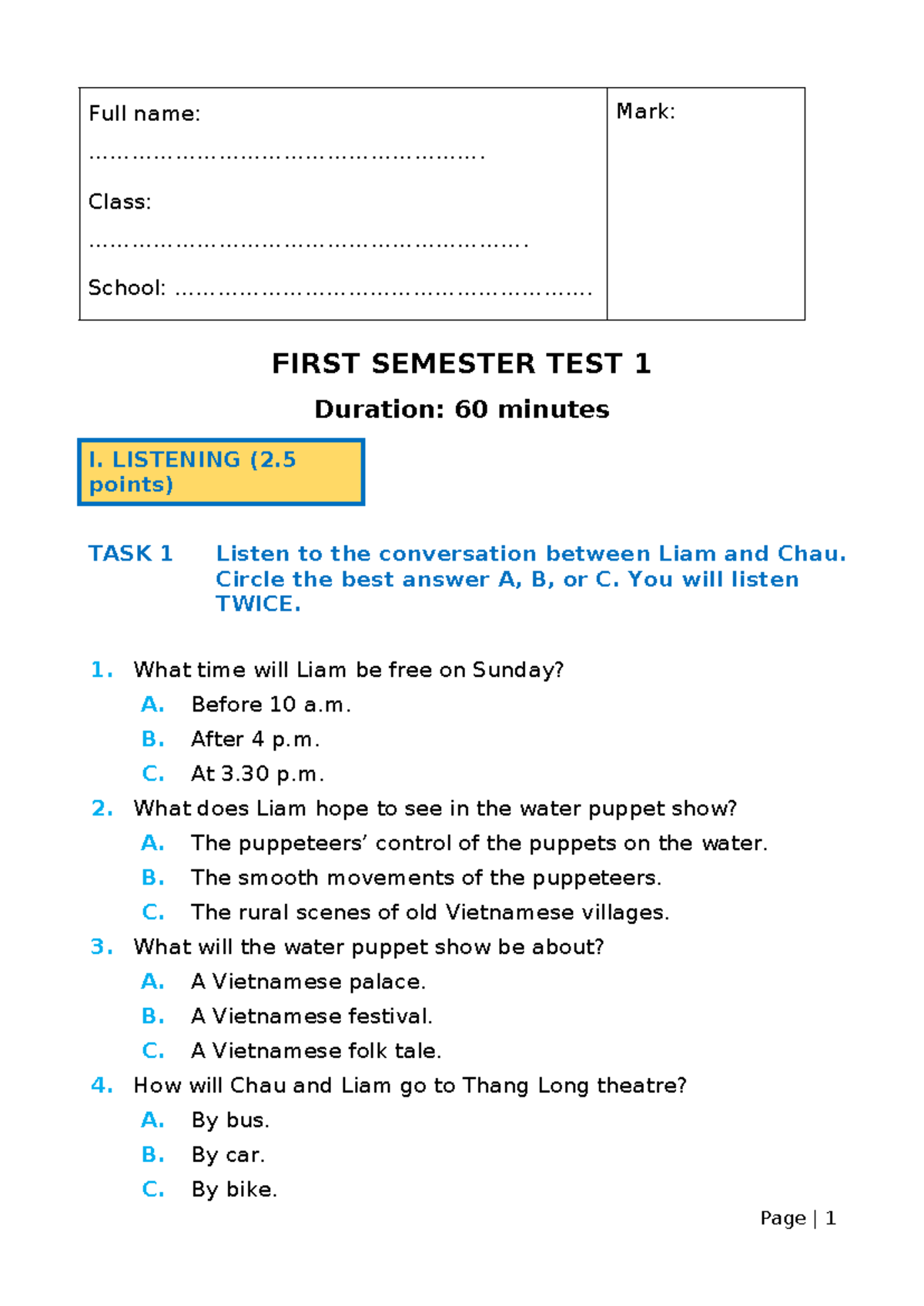 END-OF-TERM TEST 1 (Semester 1) - Listening, Reading, Writing, Language ...