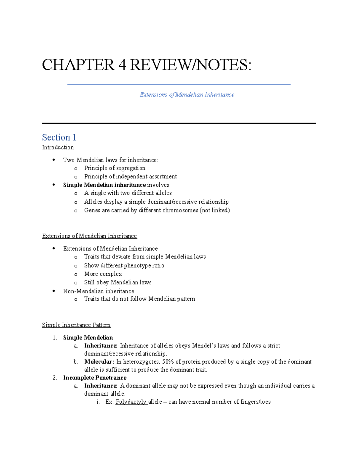 Genetics Chapter 4 Review: Extensions of Mendelian Inheritance - Studocu