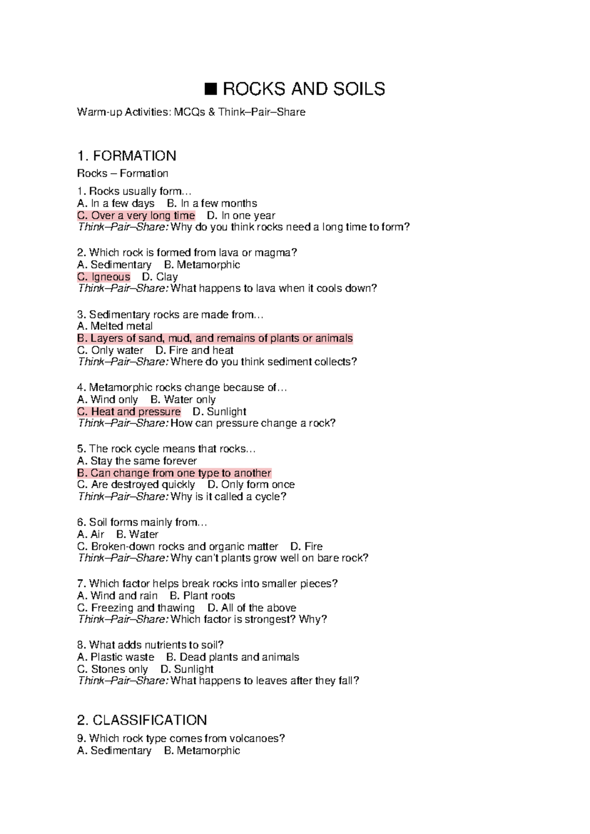 Rocks and Soils Worksheet: MCQs on Rock Formation and Types - Studocu