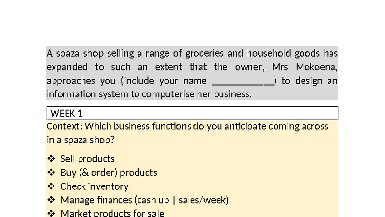 Class Test1 Preparation Questions SU1-3 - A spaza shop selling a range ...