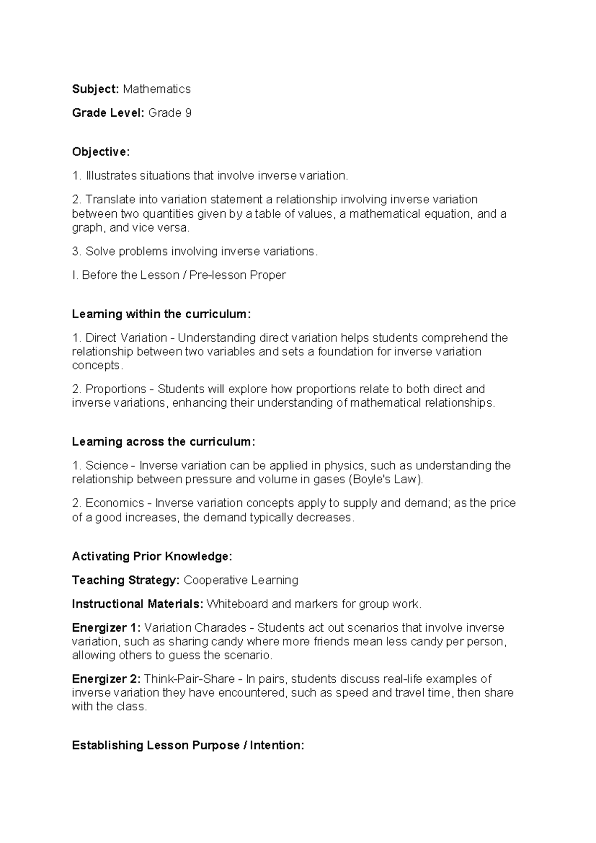 Lesson Plan: Inverse Variation Concepts in Mathematics (Grade 9) - Studocu