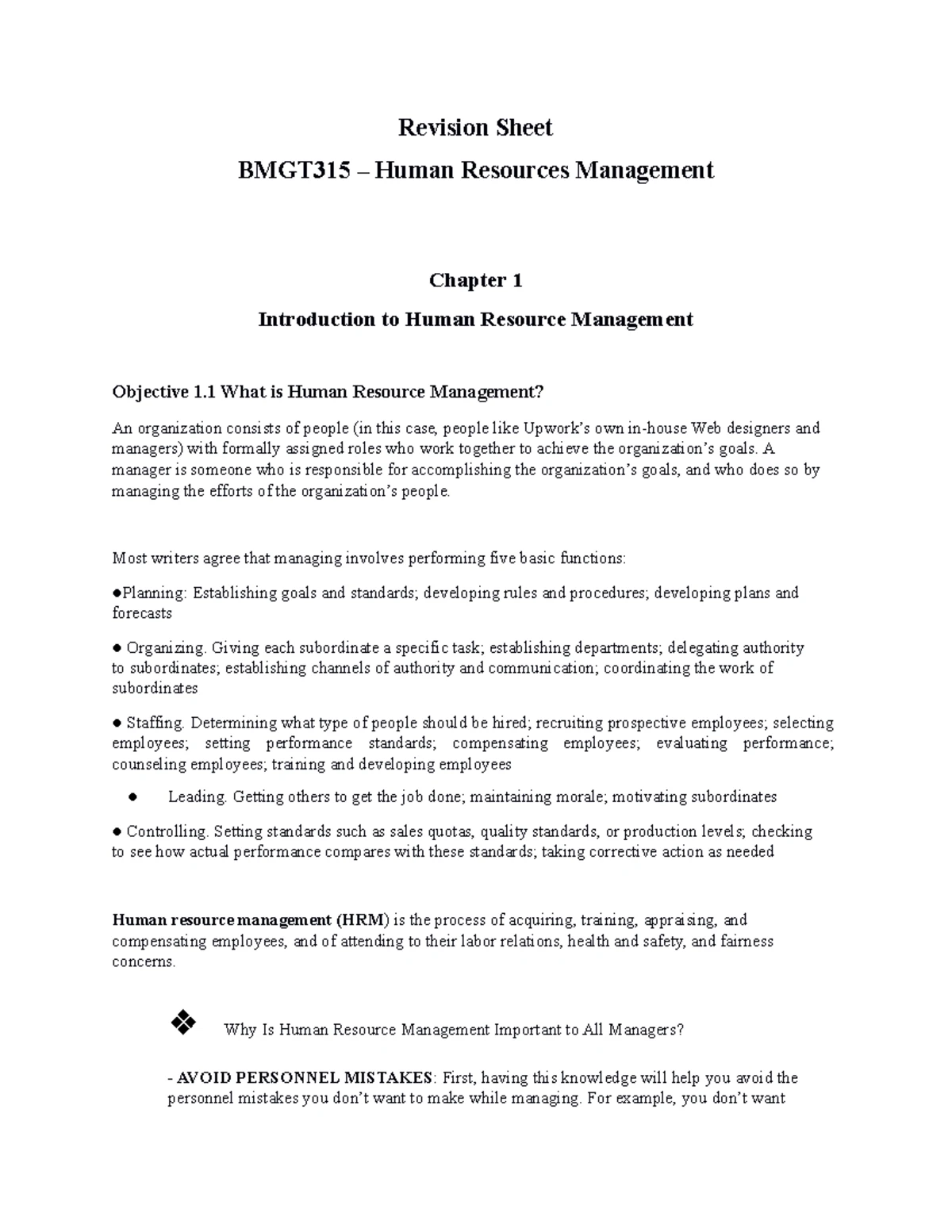 Revision Sheet - Human Resource Management. Gary Dessler. 16th Edition ...