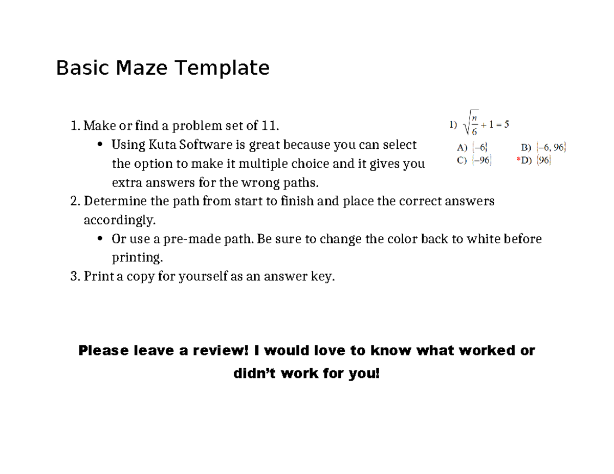 Freeeditable Maze Template-1 - Basic Maze Template 1. Make or find a problem set of 11. Using ...