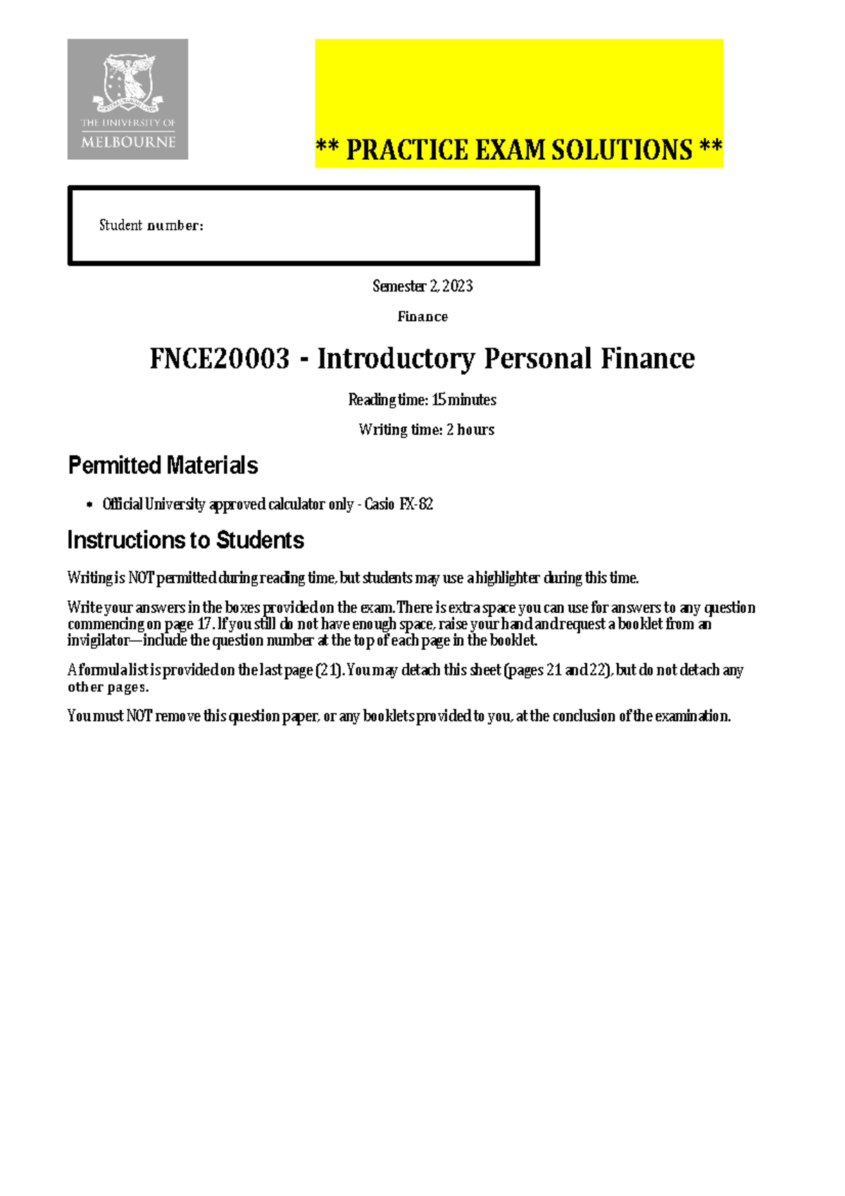 FNCE20003 Practice Exam Solutions - Sem 2, 2023 - Studocu
