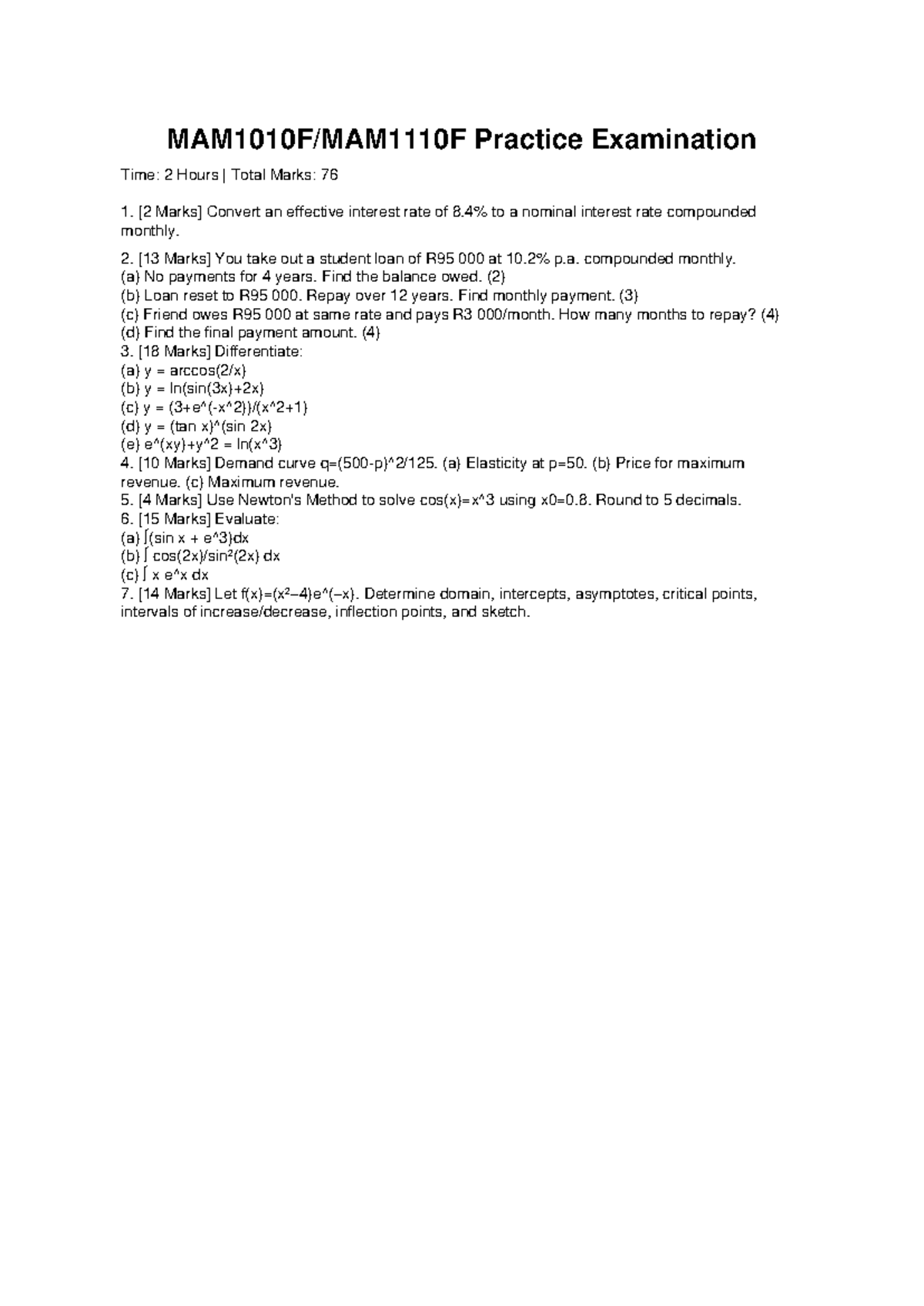 MAM1010F Practice Exam: Interest Rates, Differentiation & Demand Curves ...