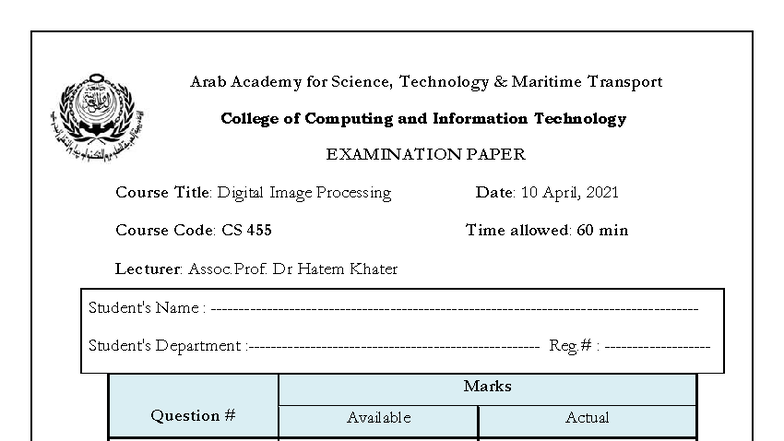 CS 455 Final Exam: Digital Image Processing Answers 2021 - Studocu