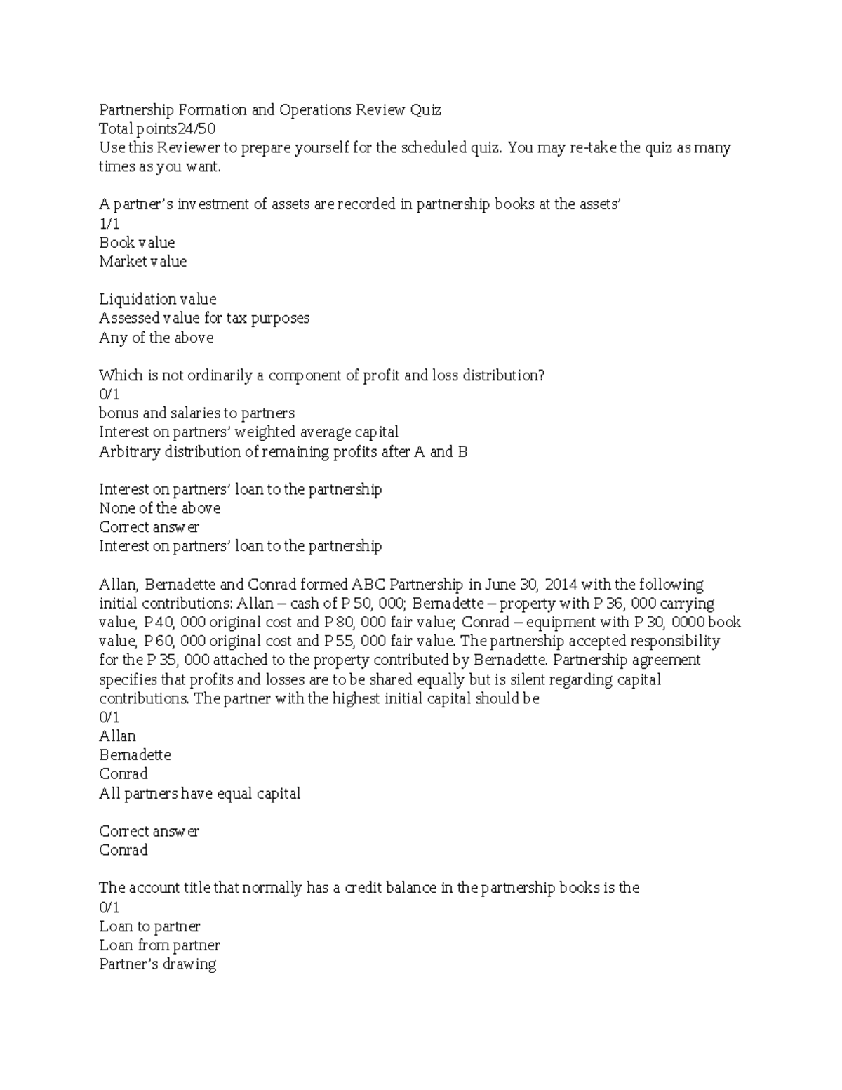 Partnership Formation & Operations Review Quiz (PFO 101) - Studocu