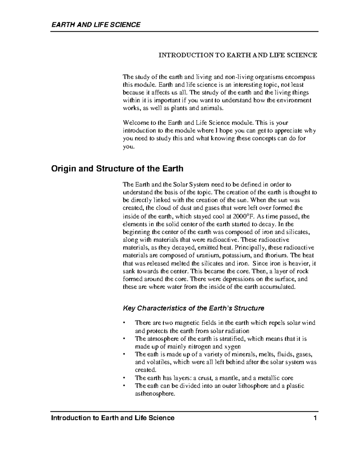 Week 001 Module Introduction to Earth and Life Sciences - EARTH AND LIFE SCIENCE Introduction to ...