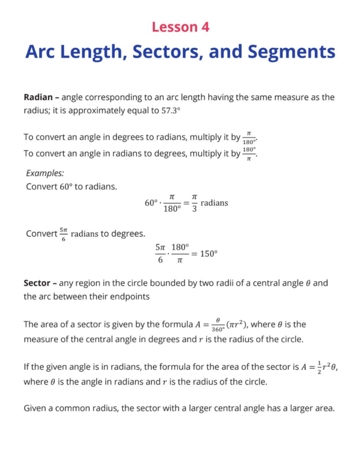 Lesson 4: Understanding Arc Length, Sectors, and Segments in Circles ...