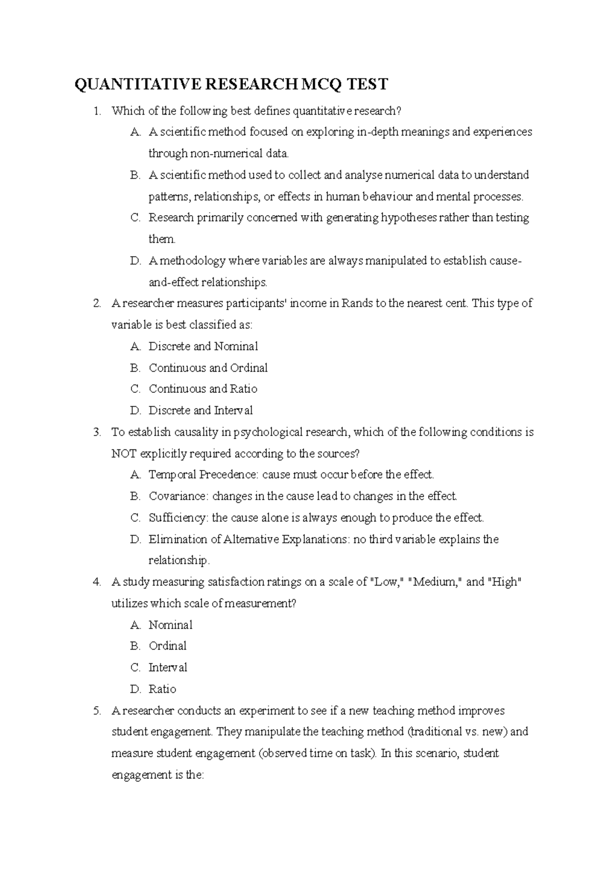 PSY3007S Quantitative Research Methods MCQ Practice Test - Studocu
