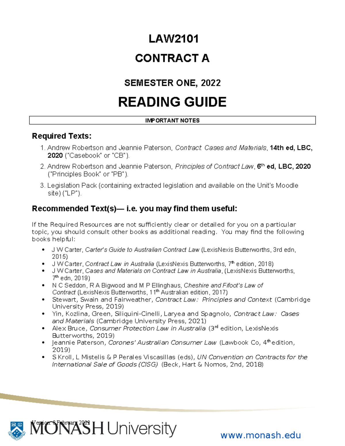 Contract A - Semester 1, 2022 Reading Guide and Important Notes - Studocu