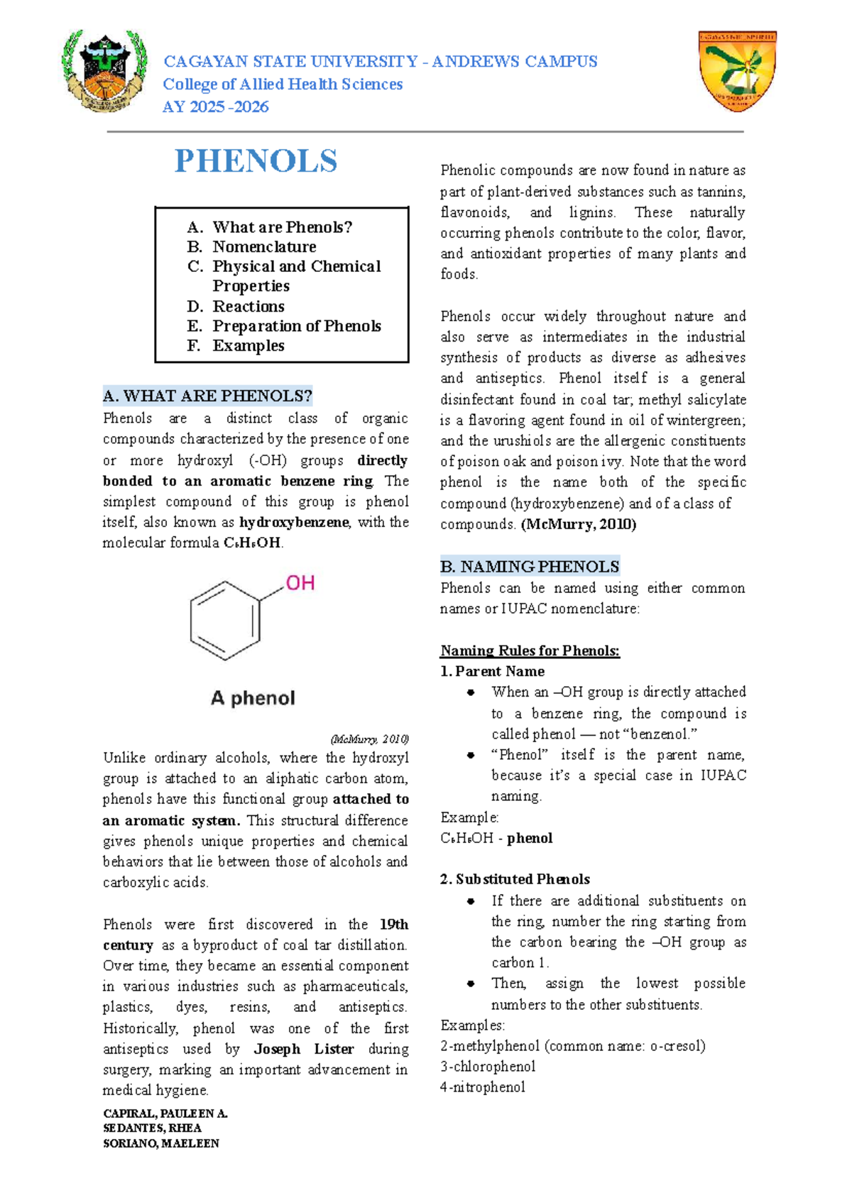 Phenols - Lecture Notes for BS Med Tech AY 2025 - Studocu
