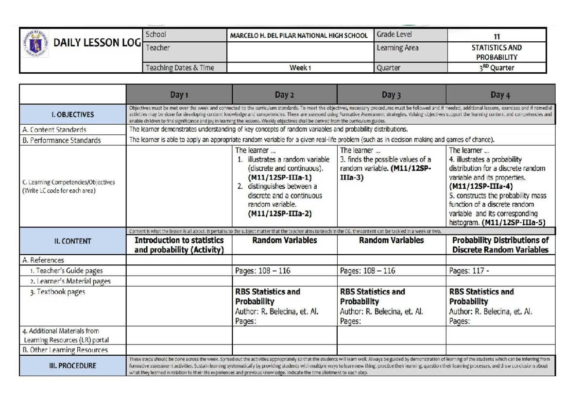 Statistics and Probability Lesson Plan (Grade 11, Week 1) - Studocu