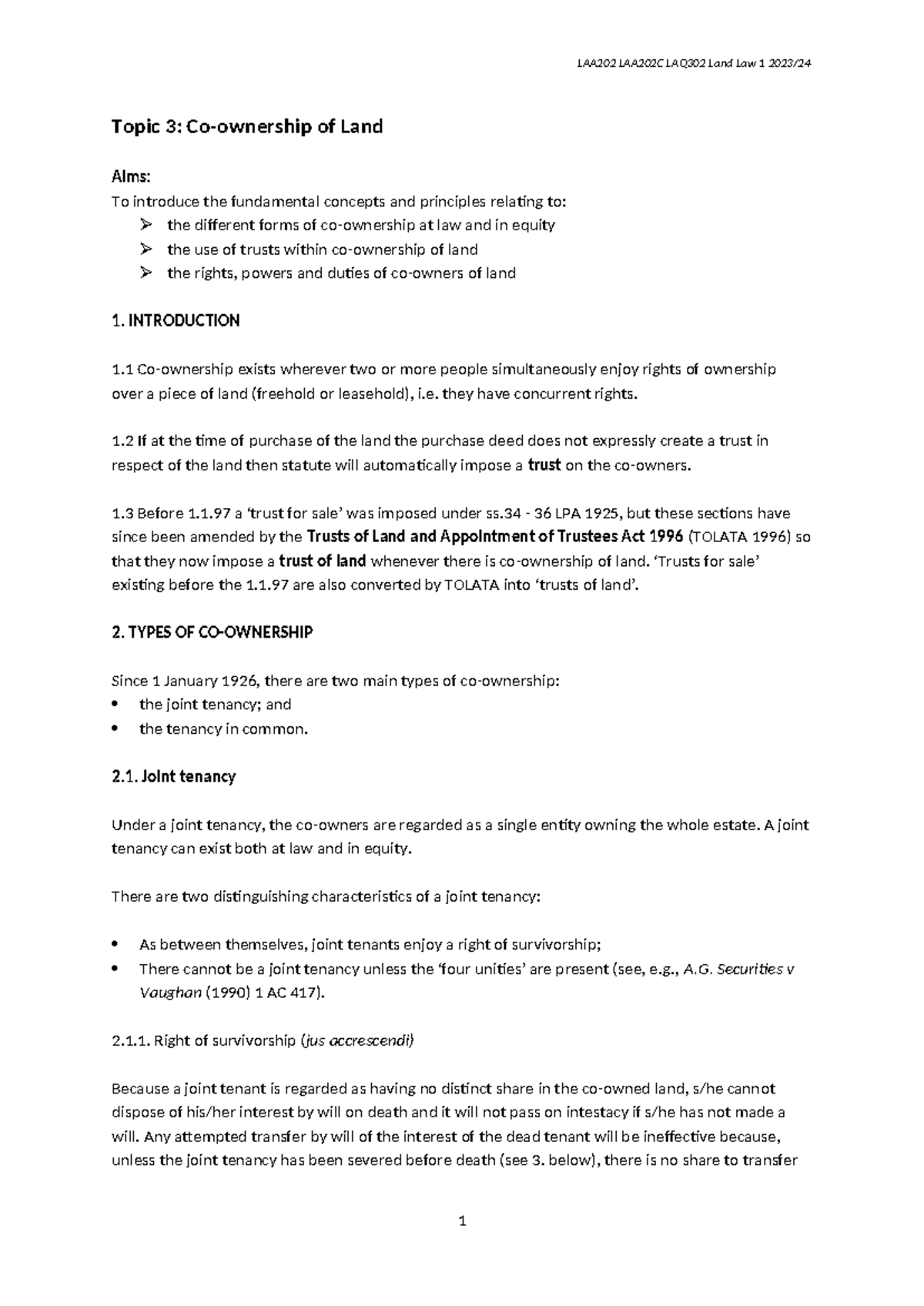 LAA202 Land Law 1: Co-ownership of Land Concepts & Principles - Topic 3 ...