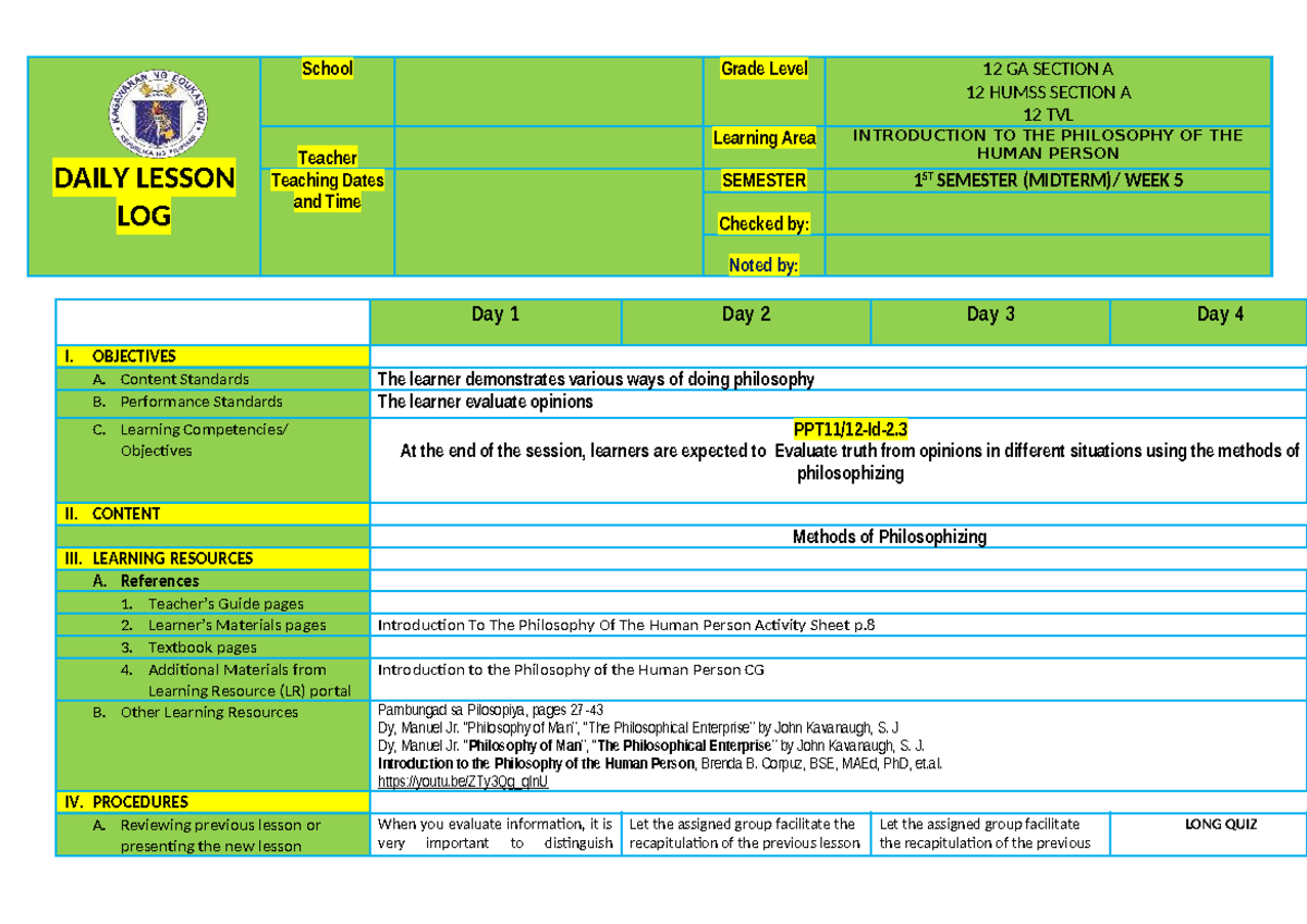Philo DLL WEEK 5: Daily Lesson Log for Intro to Philosophy - Studocu