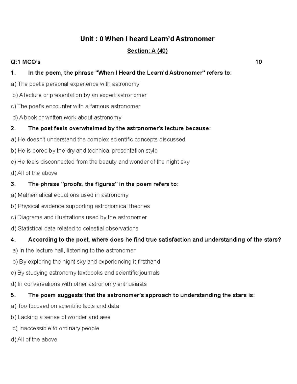 Class 8 Unit 0: Analyzing "When I Heard the Learn'd Astronomer" - Studocu