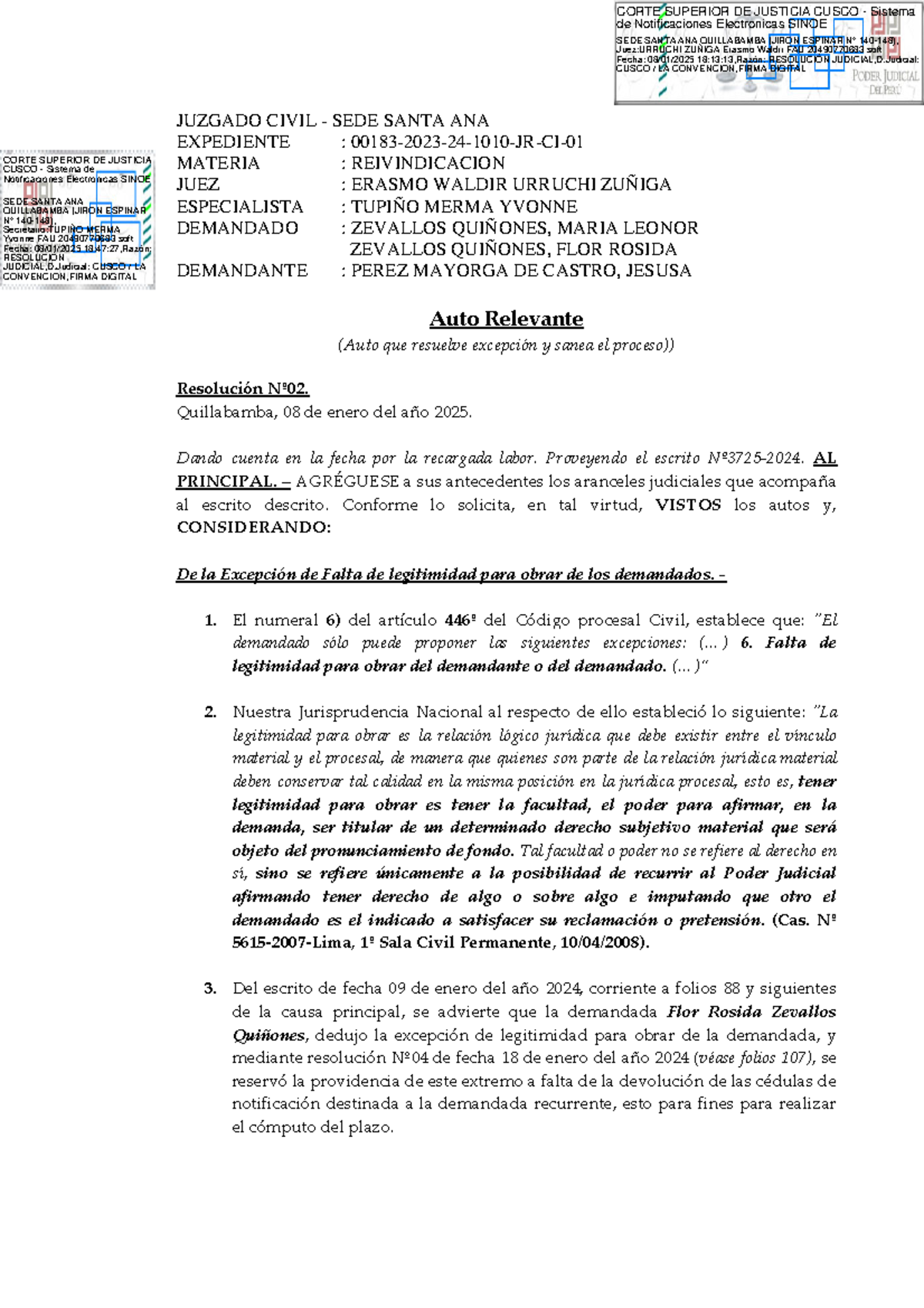 Resolución Judicial sobre Excepción de Legitimidad - FAU 20490770683 ...