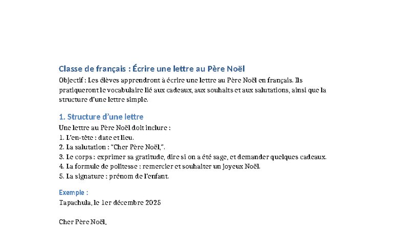 Classe de français : Écrire une lettre au Père Noël - Studocu