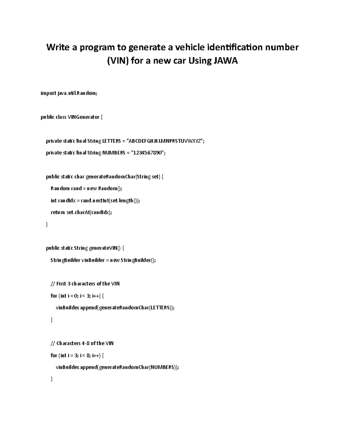 Using Java Write A Program To Generate A Vehicle Identification Number Vin For A New Write