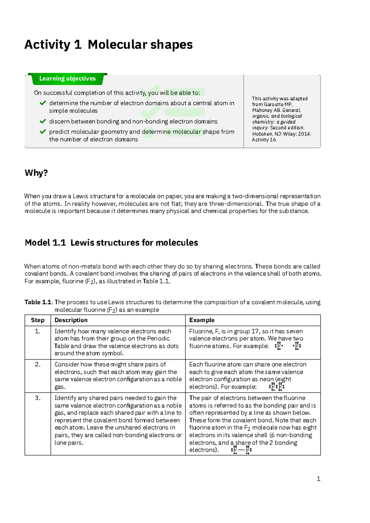 CHEM1001 Module 1 - Workshop on Molecular Shapes and Geometry - Studocu