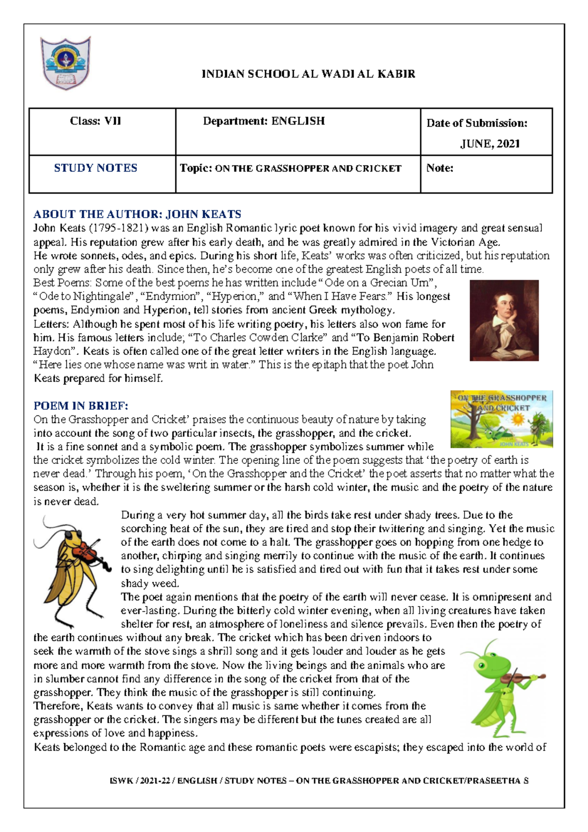 1629225793 - Study Notes on "On the Grasshopper and Cricket" (ENG VII ...