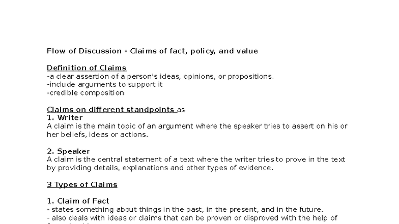 Types of Claims: Fact, Value, and Policy Explained (ENG101) - Studocu
