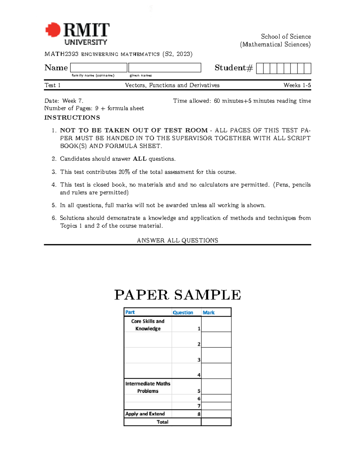 MATH2393 Engineering Mathematics Test 1 Solutions (S2, 2023) - Studocu