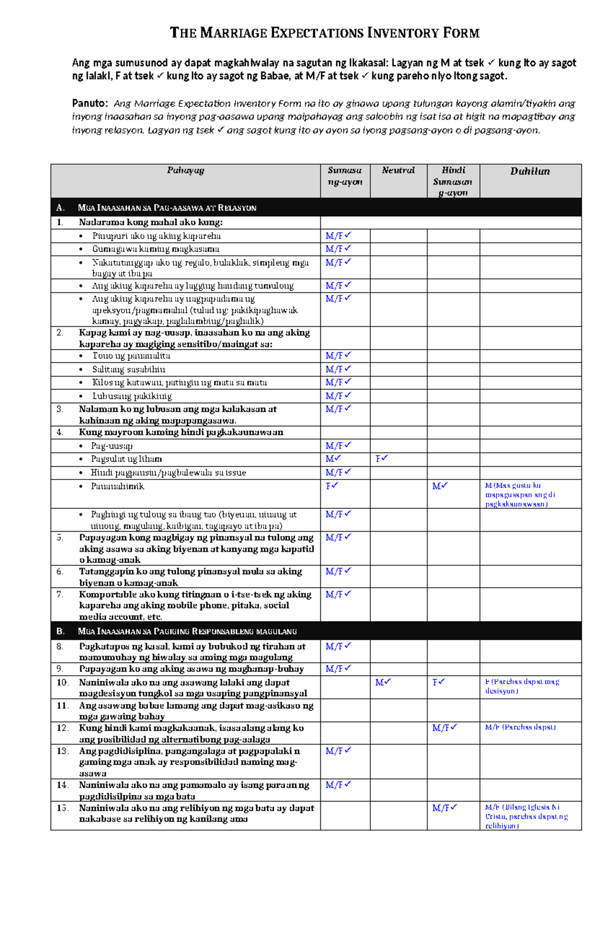 Tagalog Marriage Expectations Inventory Form for Couples - Studocu