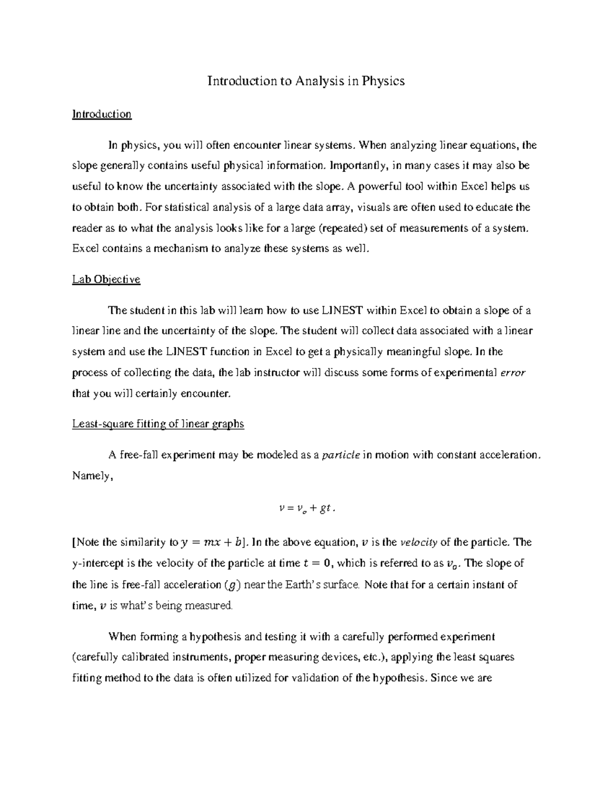 Physics Lab: Excel Analysis of Linear Systems & Slope Estimation - Studocu