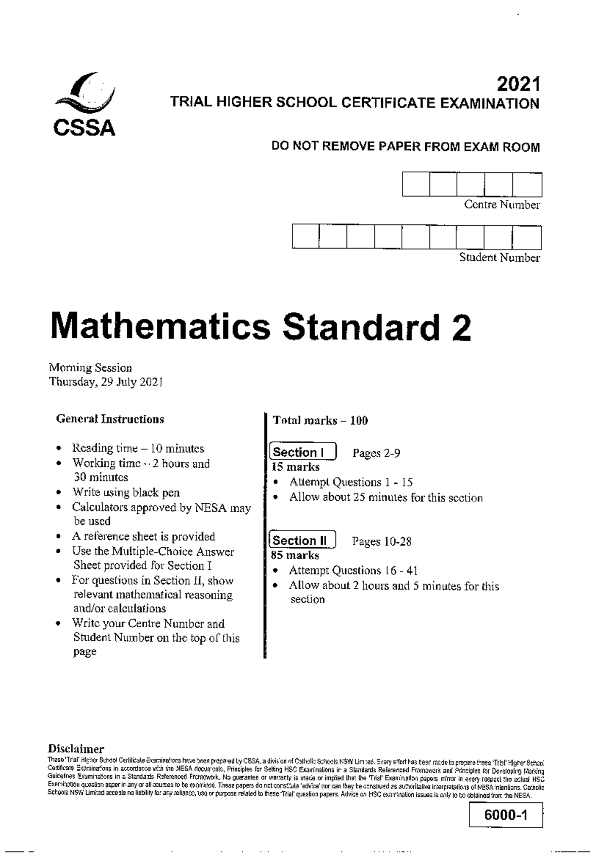 2021 CSSA Mathematics Standard 2 Trial Exam Paper - Studocu