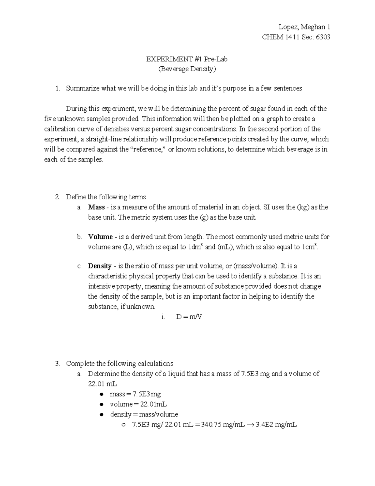 1 - Beverage Density Experiment Pre-Lab (1) Lopez, Meghan - Lopez ...