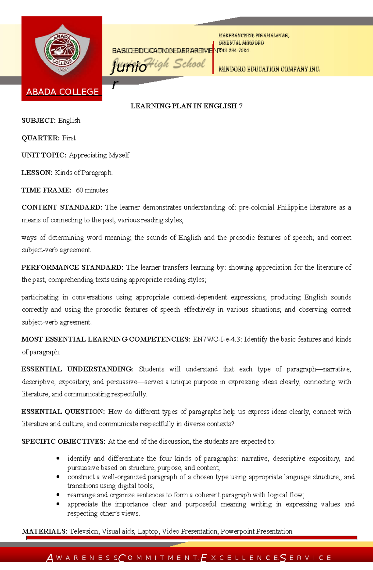 EDUC 10: Detailed Lesson Plan on Kinds of Paragraphs for English 7 ...