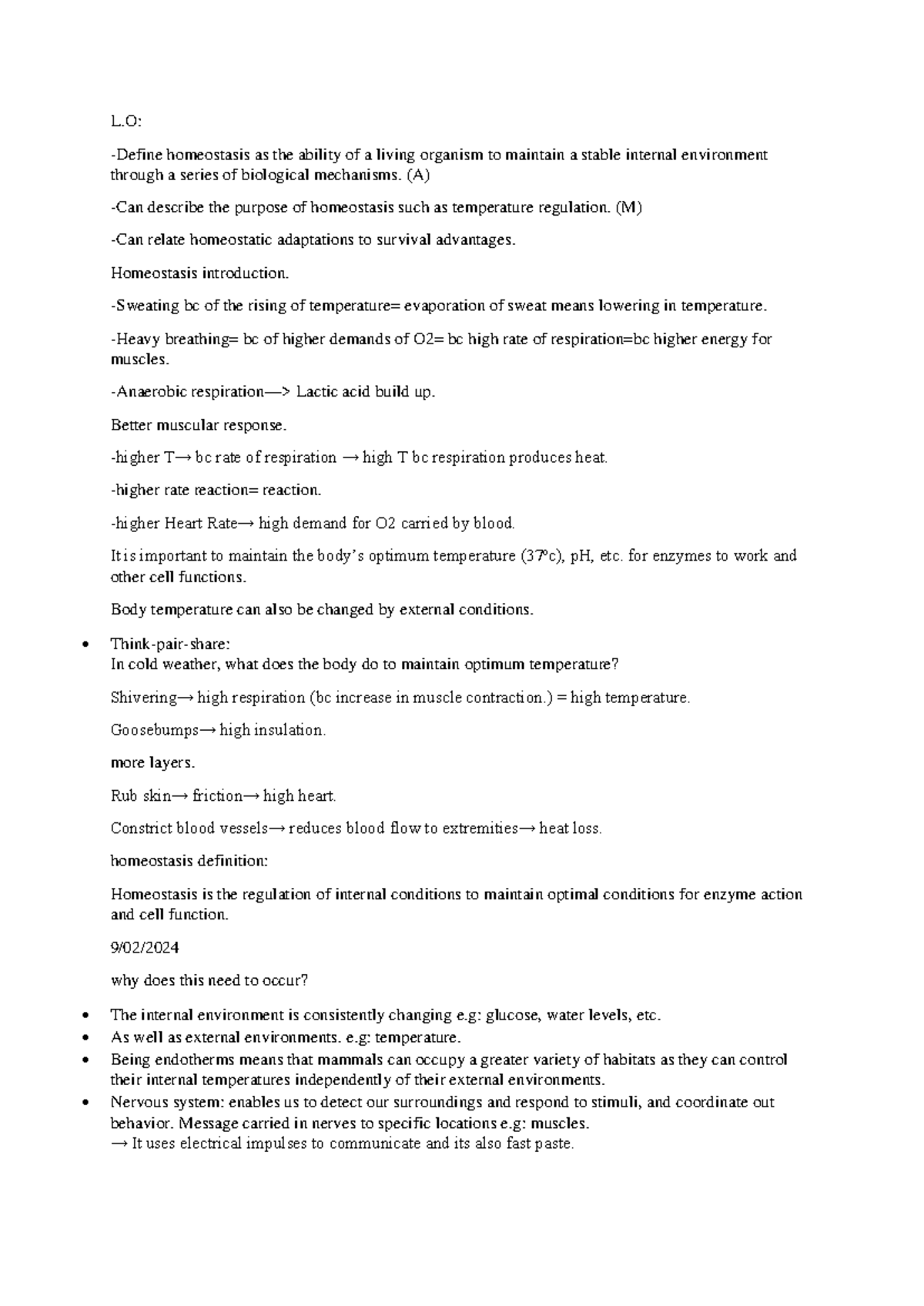 Level 3 Biology Internal Homeostasis Study Notes and Concepts - Studocu