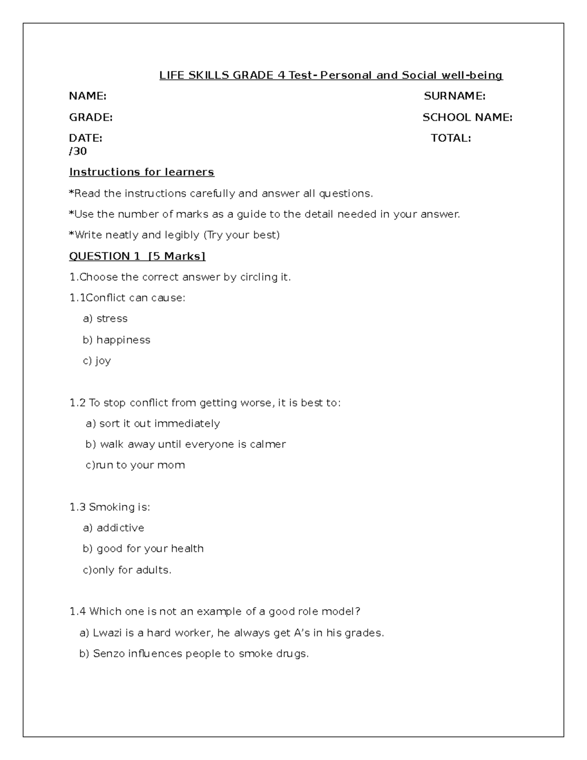 LIFE SKILLS GRADE 4: Personal and Social Development Guide - Studocu