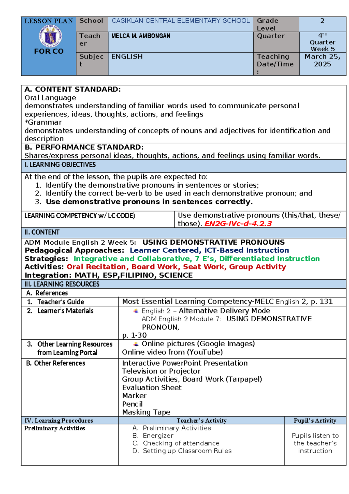 Revised Lesson Plan for COT Q4 English 2: Week 5 - Demonstrative ...