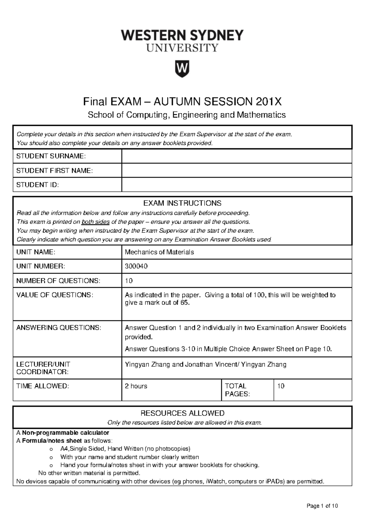 Sample exam paper - Final EXAM – AUTUMN SESSION 201X ####### School of ...
