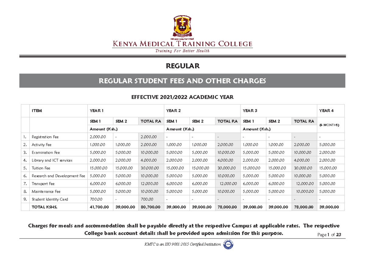 KMTC Regular Student Fees Structure for Academic Year 2021/2022 - Studocu