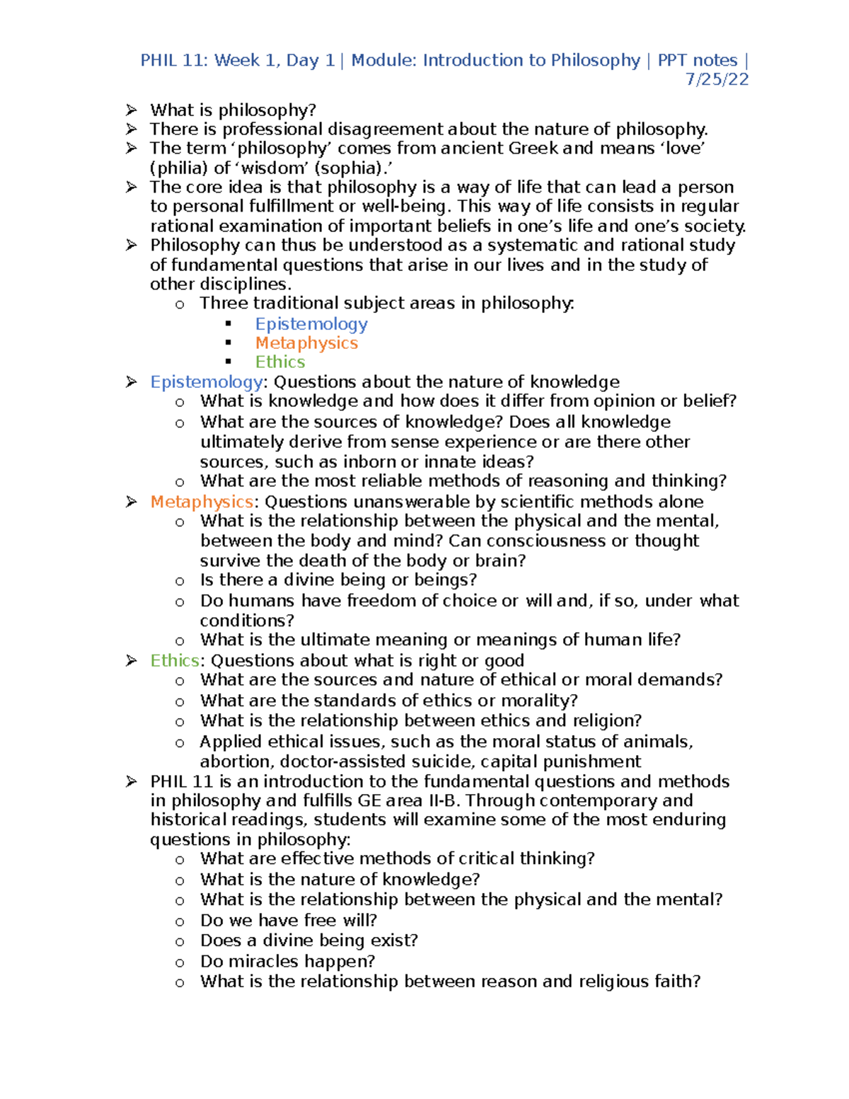PHIL 11: Introduction to Philosophy - Week 1 Notes and Overview - Studocu